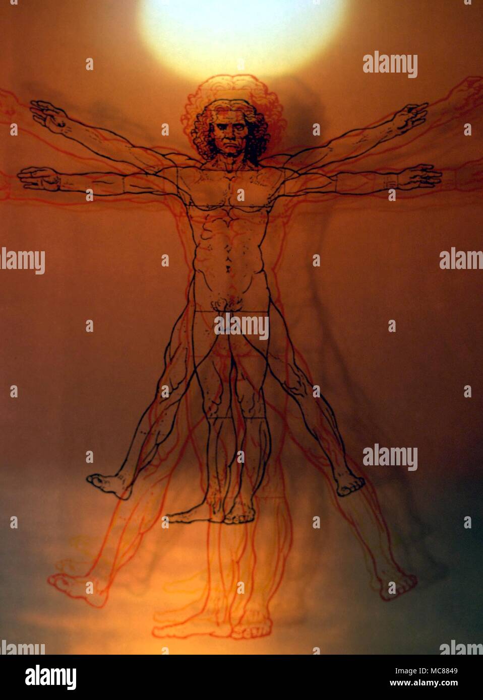 Fantasy. Leonardo da Vinci's drawing of the Cosmic Man against a sun ...
