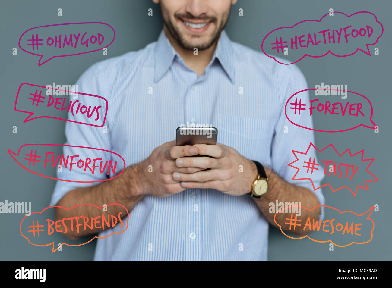 Cheerful student smiling while communicating online Stock Photo - Alamy