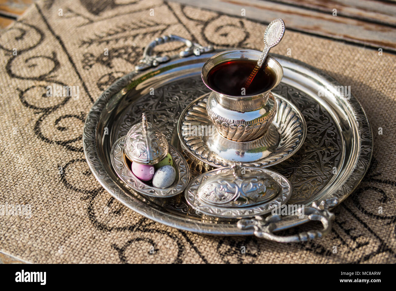 Turkish Tea in Silver Tray with Turkish delight Stock Photo - Alamy