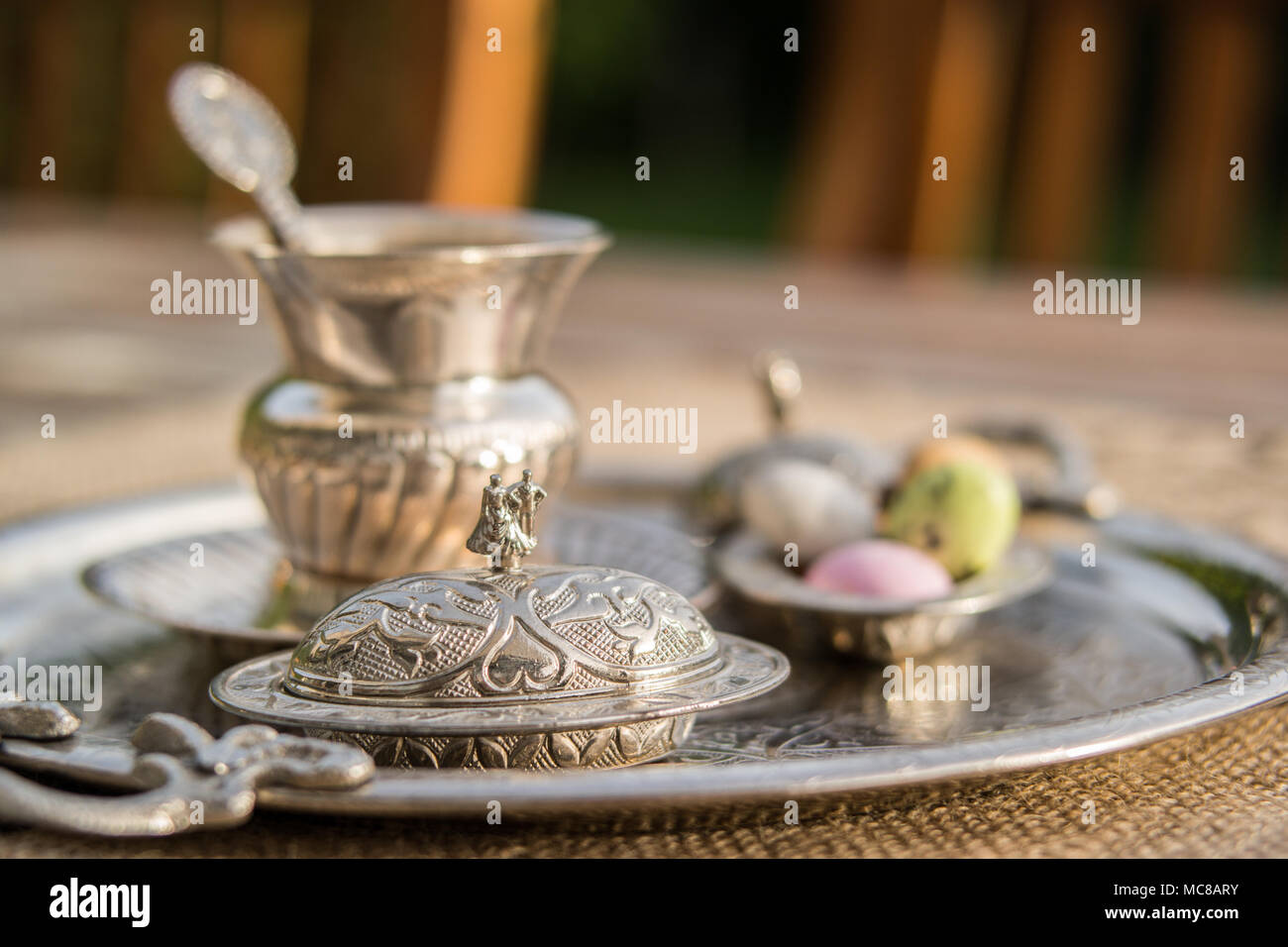 Turkish Tea in Silver Tray with Turkish delight Stock Photo - Alamy