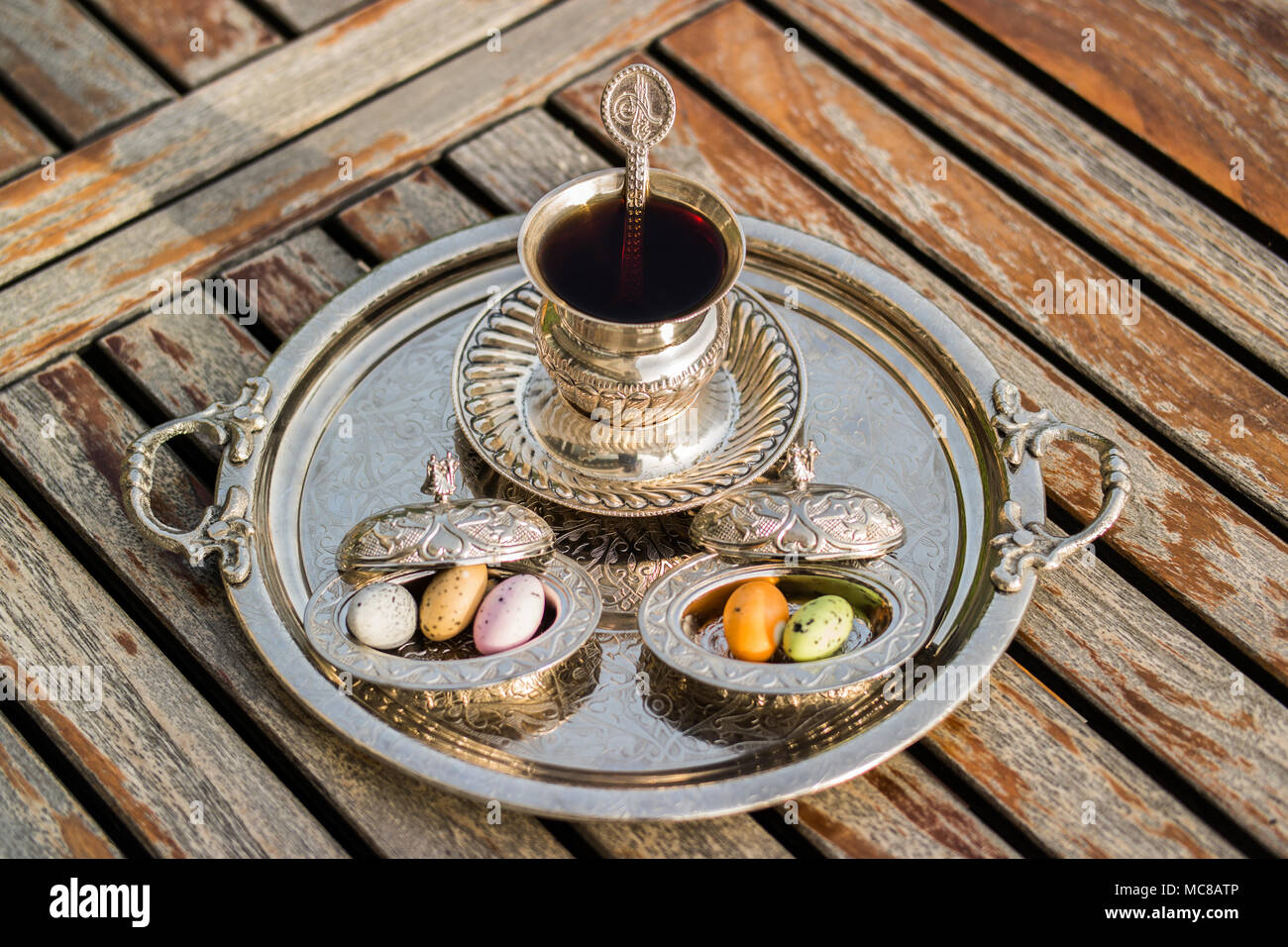 Turkish Tea in Silver Tray with Turkish delight Stock Photo - Alamy