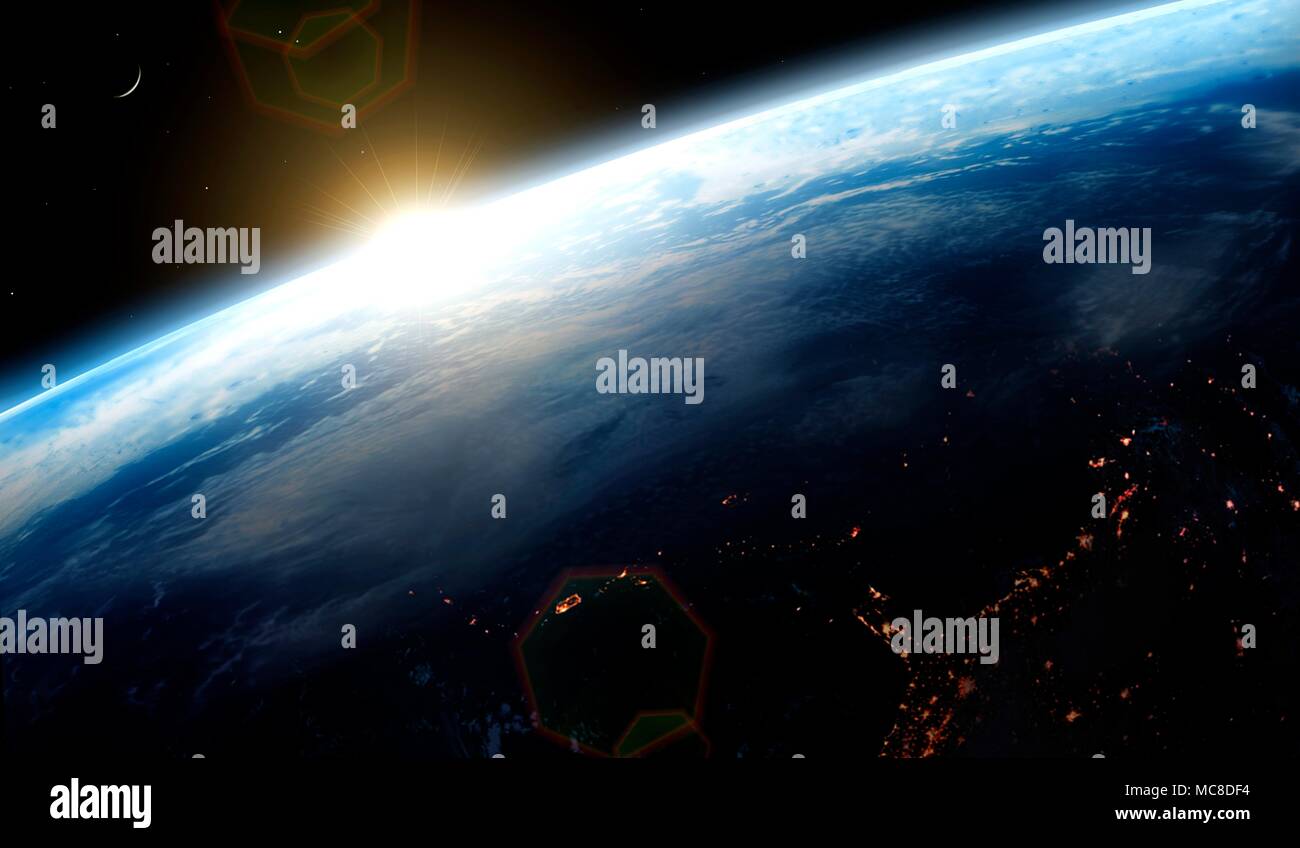 Illustration of the Sun rising over the Earth, as seen from space. The ...