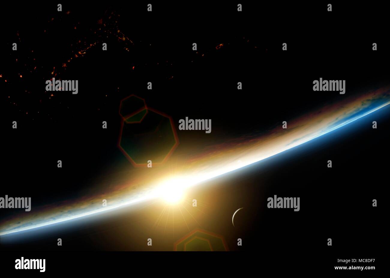Illustration of the Sun rising over the Earth, as seen from space. The ...