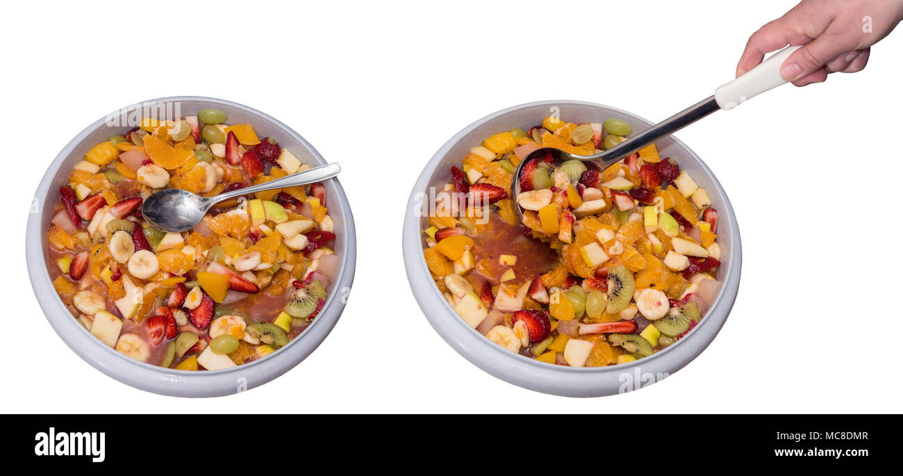 Healthy fruit salad in two big bowls. Juicy colorful mix of chopped ...