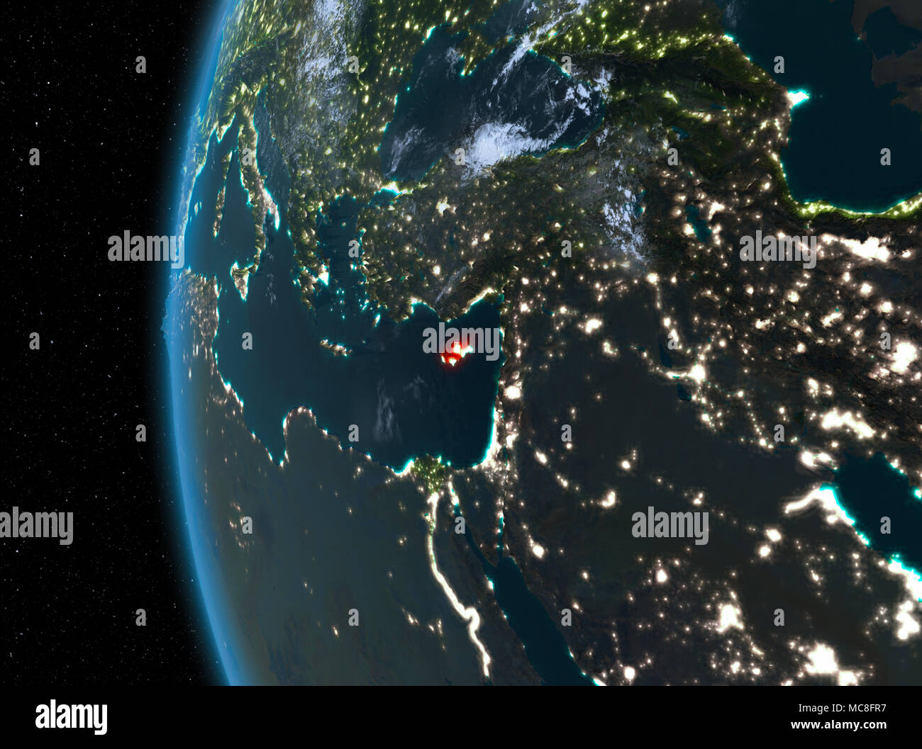 Night map of Cyprus as seen from space on planet Earth. 3D illustration ...