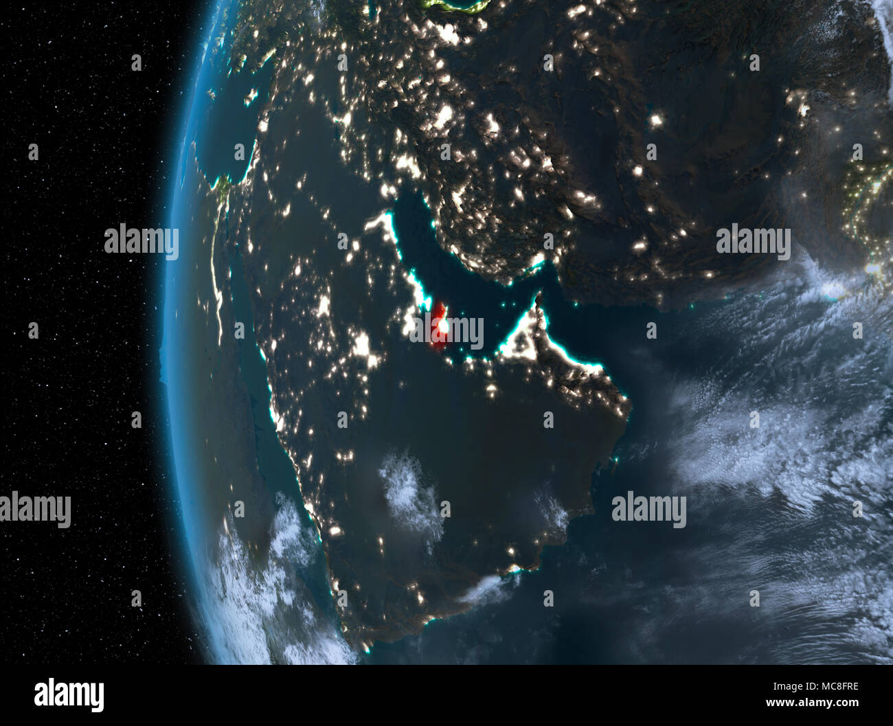 Night map of Qatar as seen from space on planet Earth. 3D illustration ...