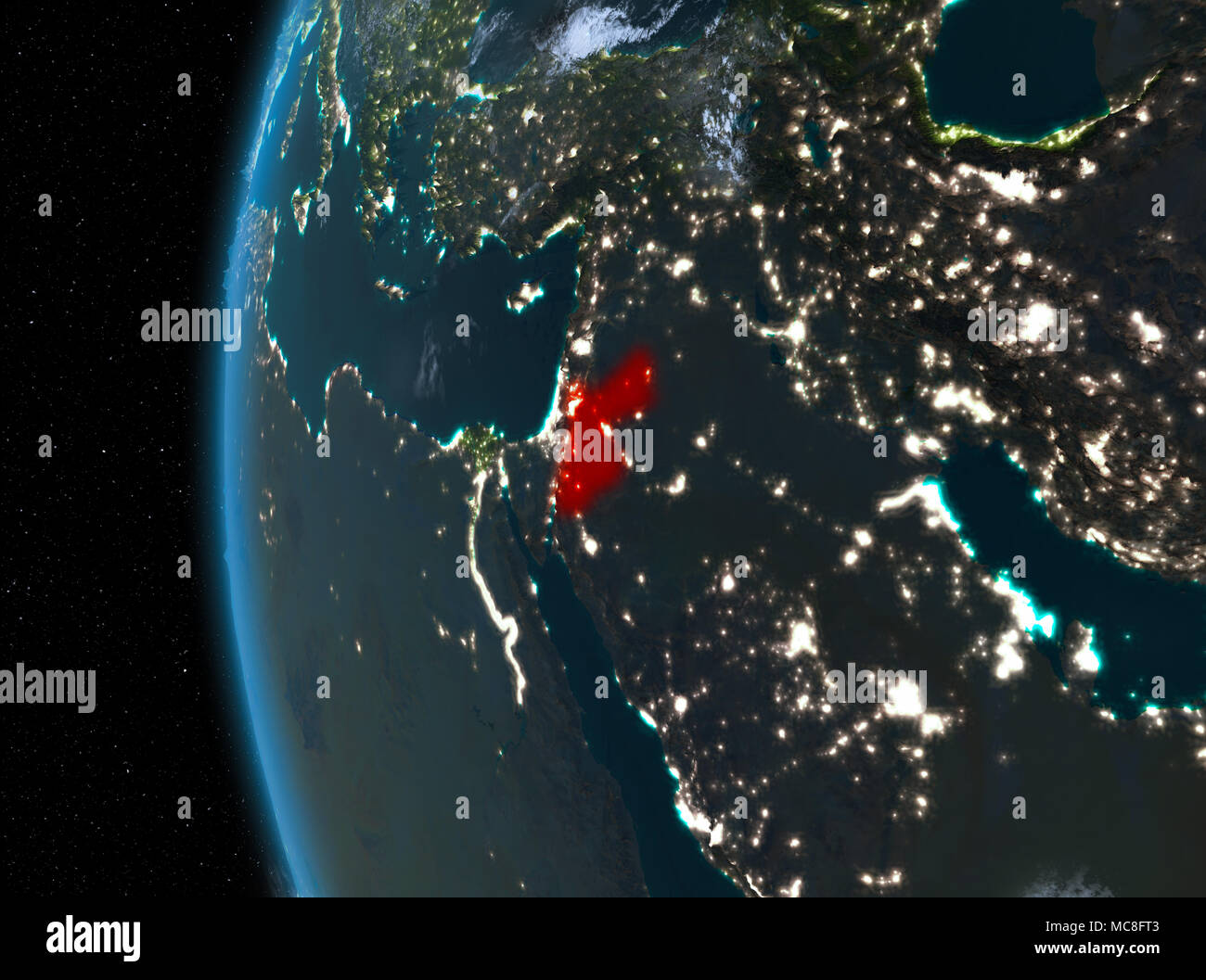 Night map of Jordan as seen from space on planet Earth. 3D illustration ...