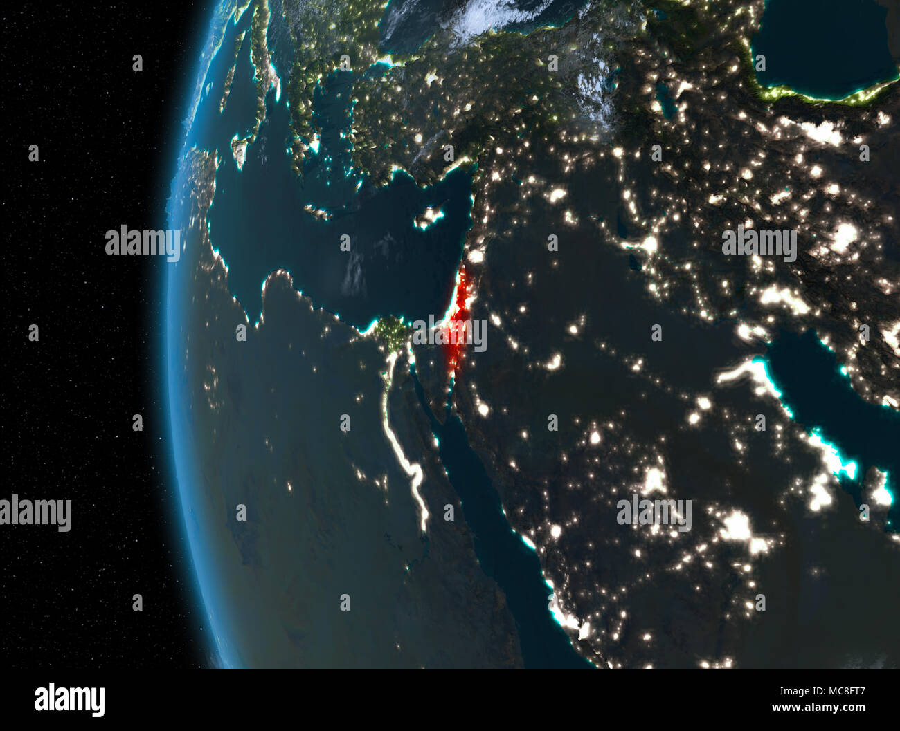 Night map of Israel as seen from space on planet Earth. 3D illustration ...
