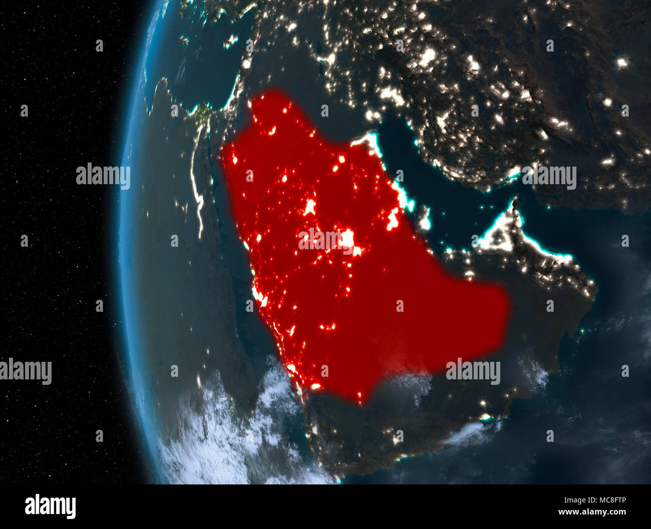Night map of Saudi Arabia as seen from space on planet Earth. 3D ...