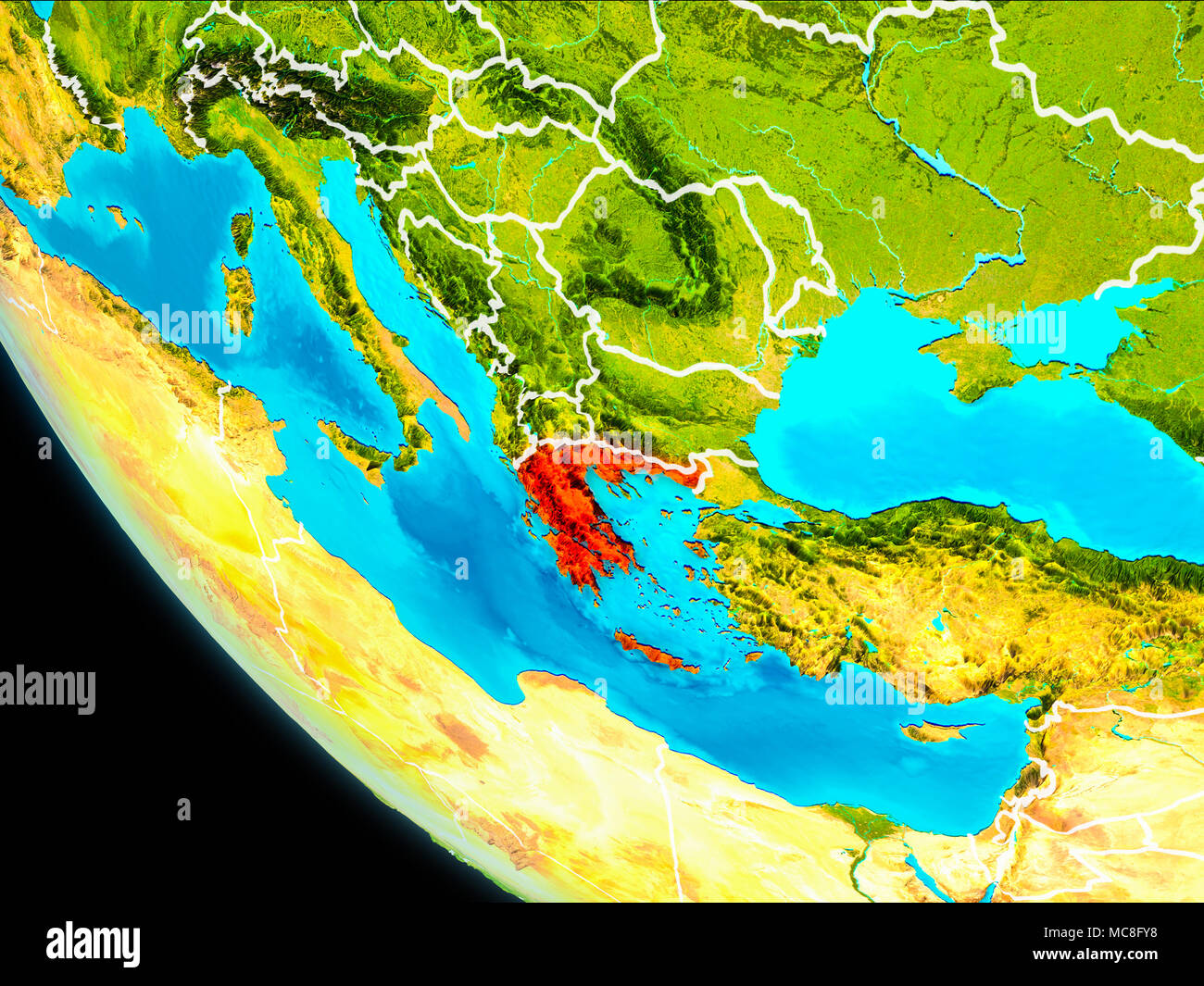 Greece highlighted in red on planet Earth with visible borders. 3D ...