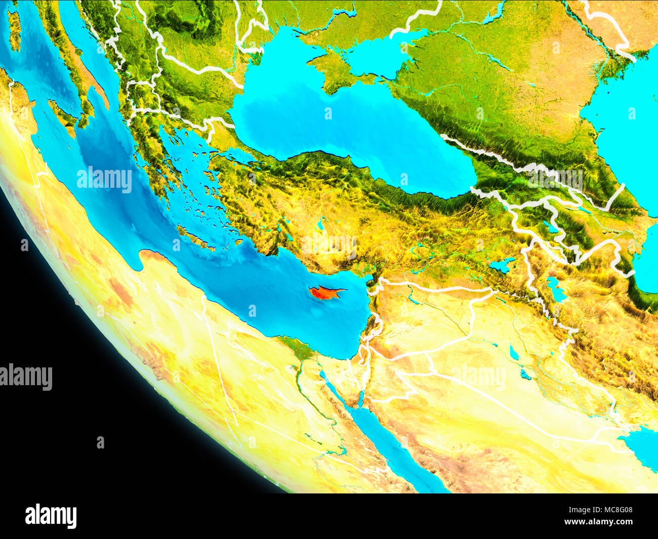 Cyprus highlighted in red on planet Earth with visible borders. 3D ...
