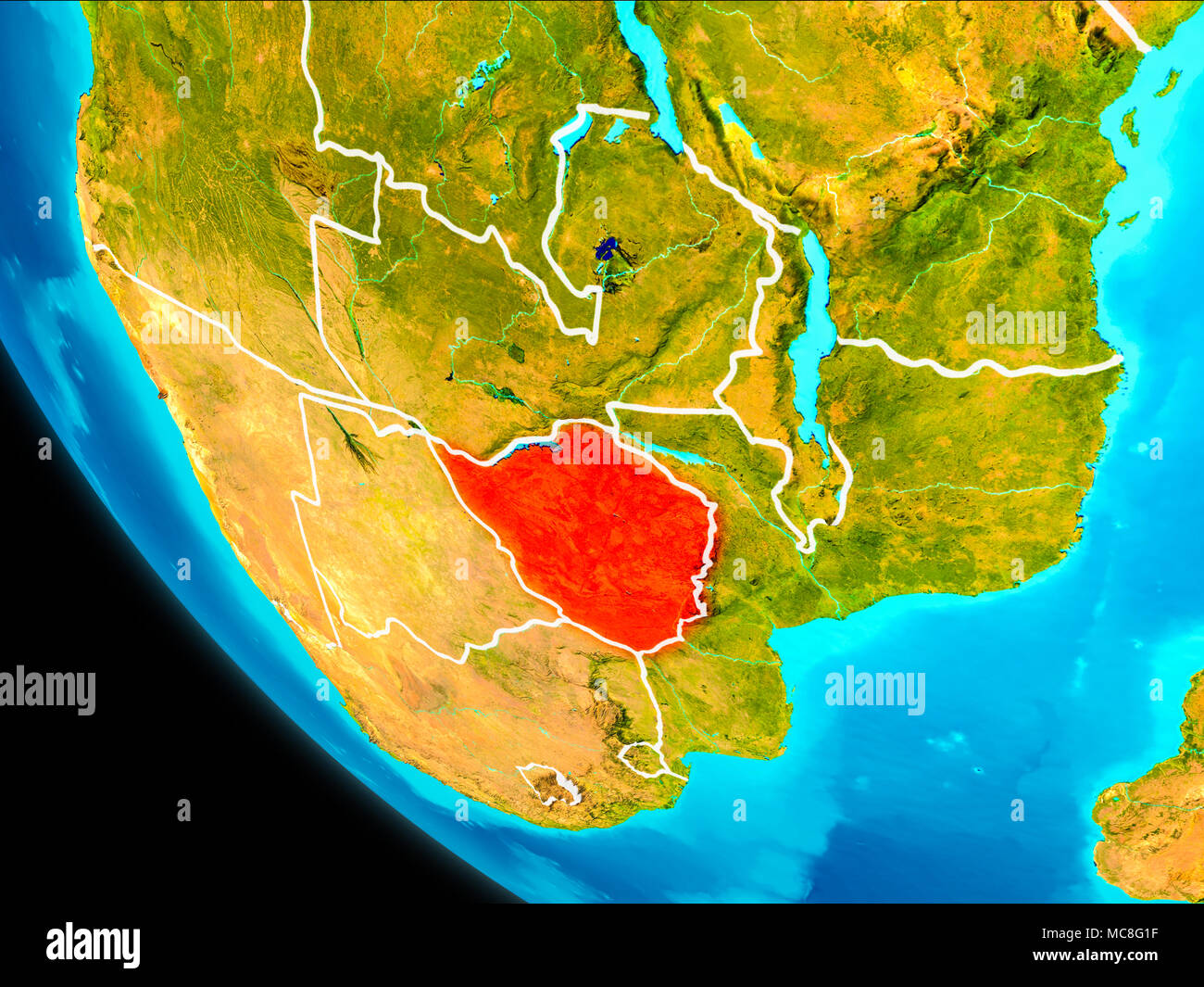 Zimbabwe highlighted in red on planet Earth with visible borders. 3D illustration. Elements of ...
