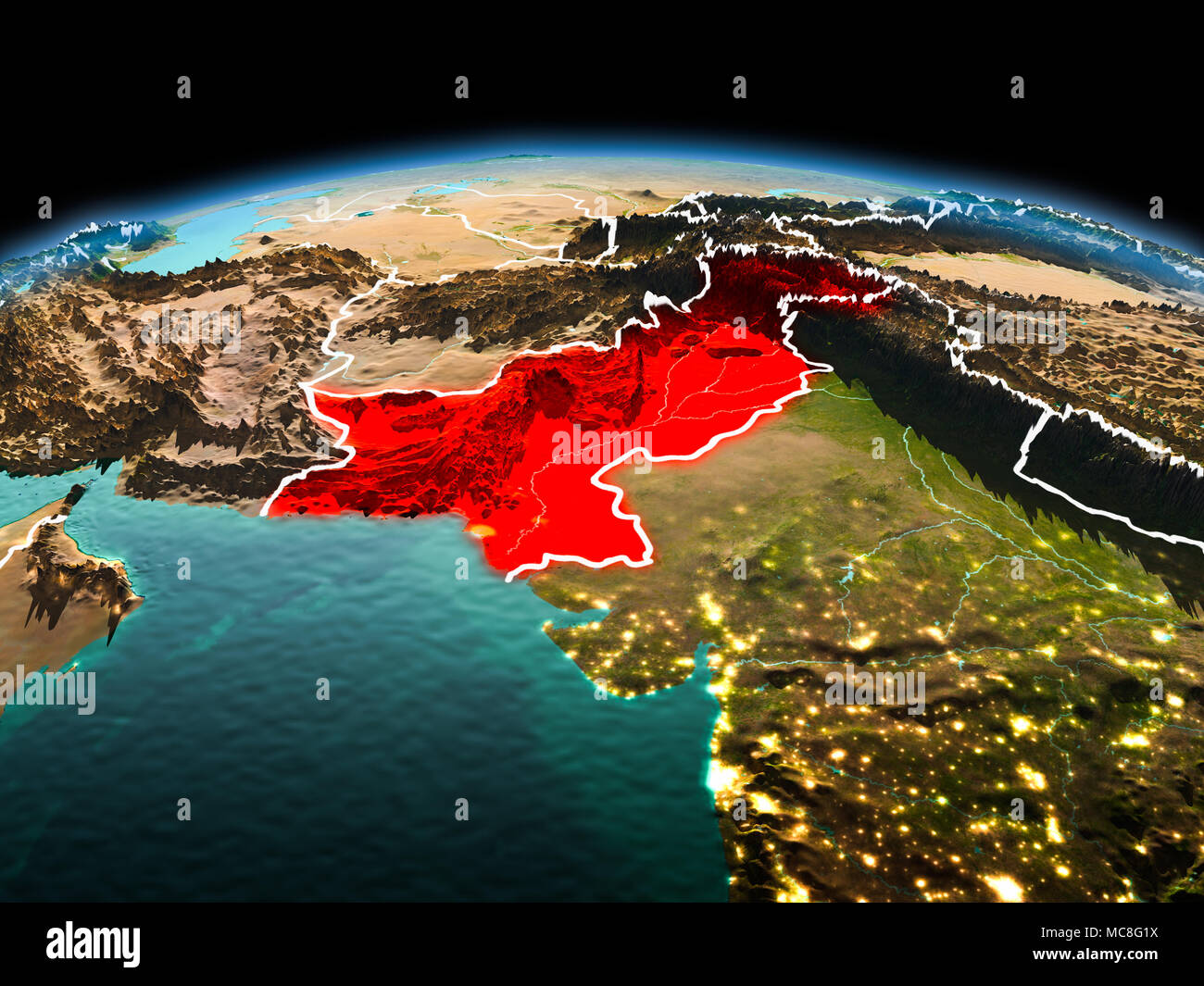 Morning above Pakistan highlighted in red on model of planet Earth in ...