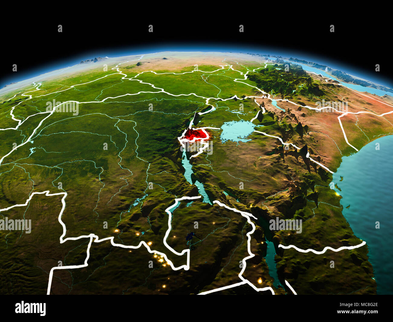 Morning above Rwanda highlighted in red on model of planet Earth in space with visible border ...