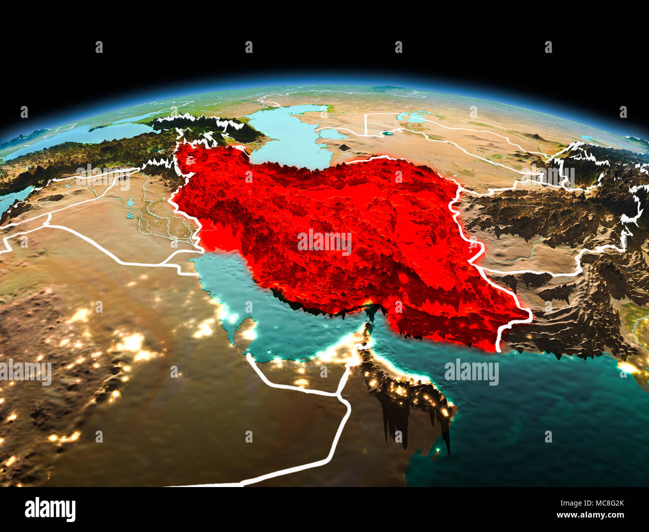 Morning above Iran highlighted in red on model of planet Earth in space with visible border ...