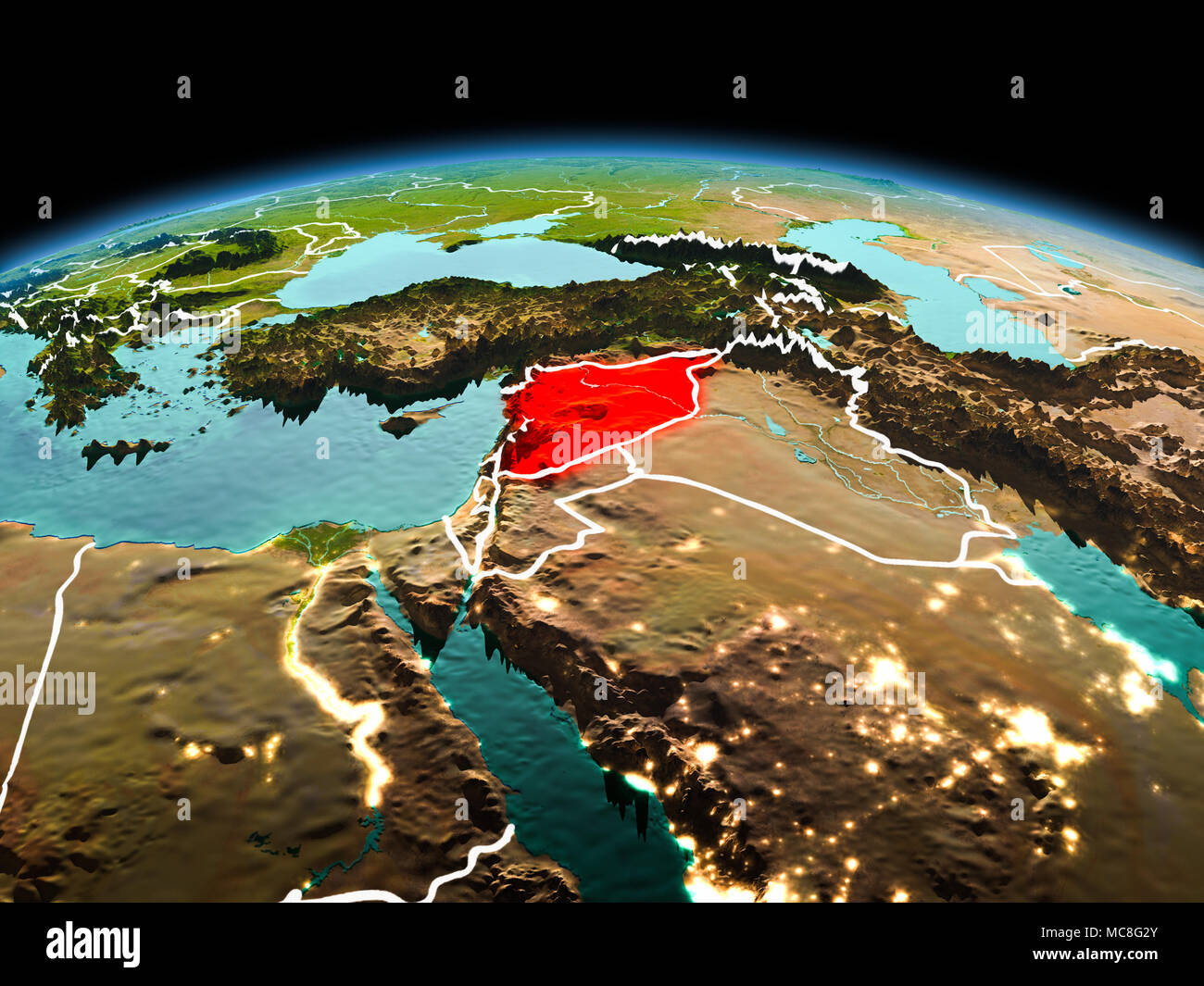Morning above Syria highlighted in red on model of planet Earth in ...