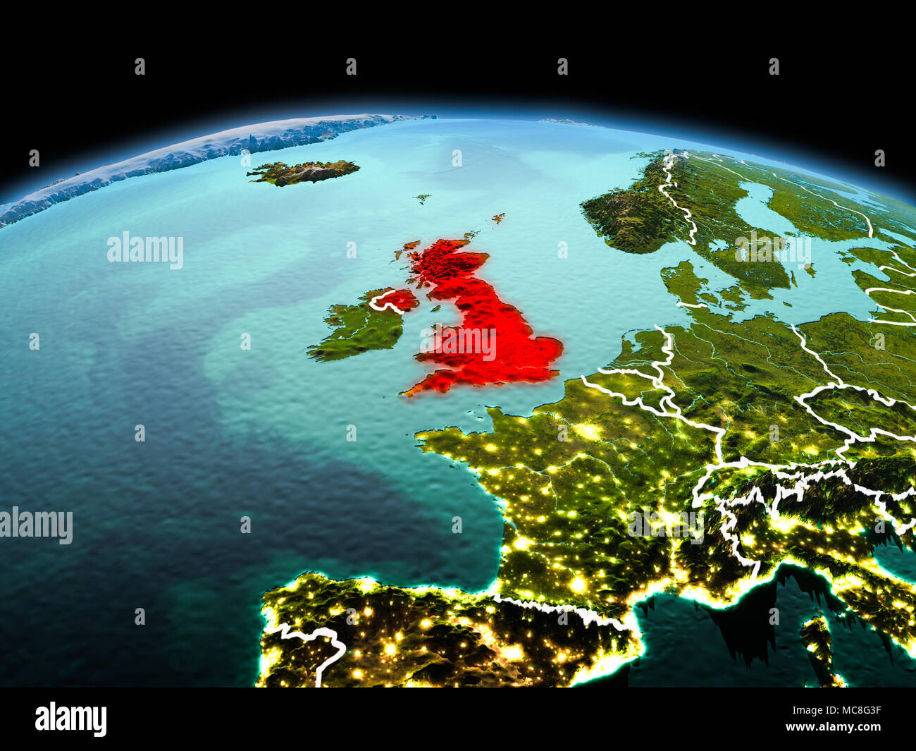 Morning above United Kingdom highlighted in red on model of planet ...