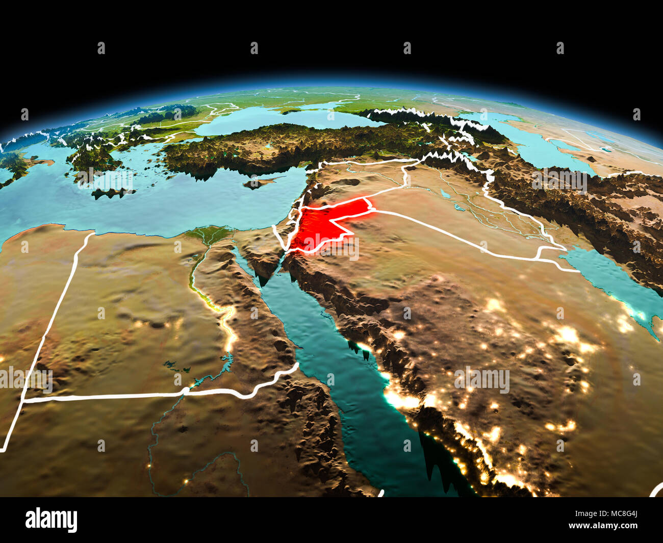 Morning above Jordan highlighted in red on model of planet Earth in ...