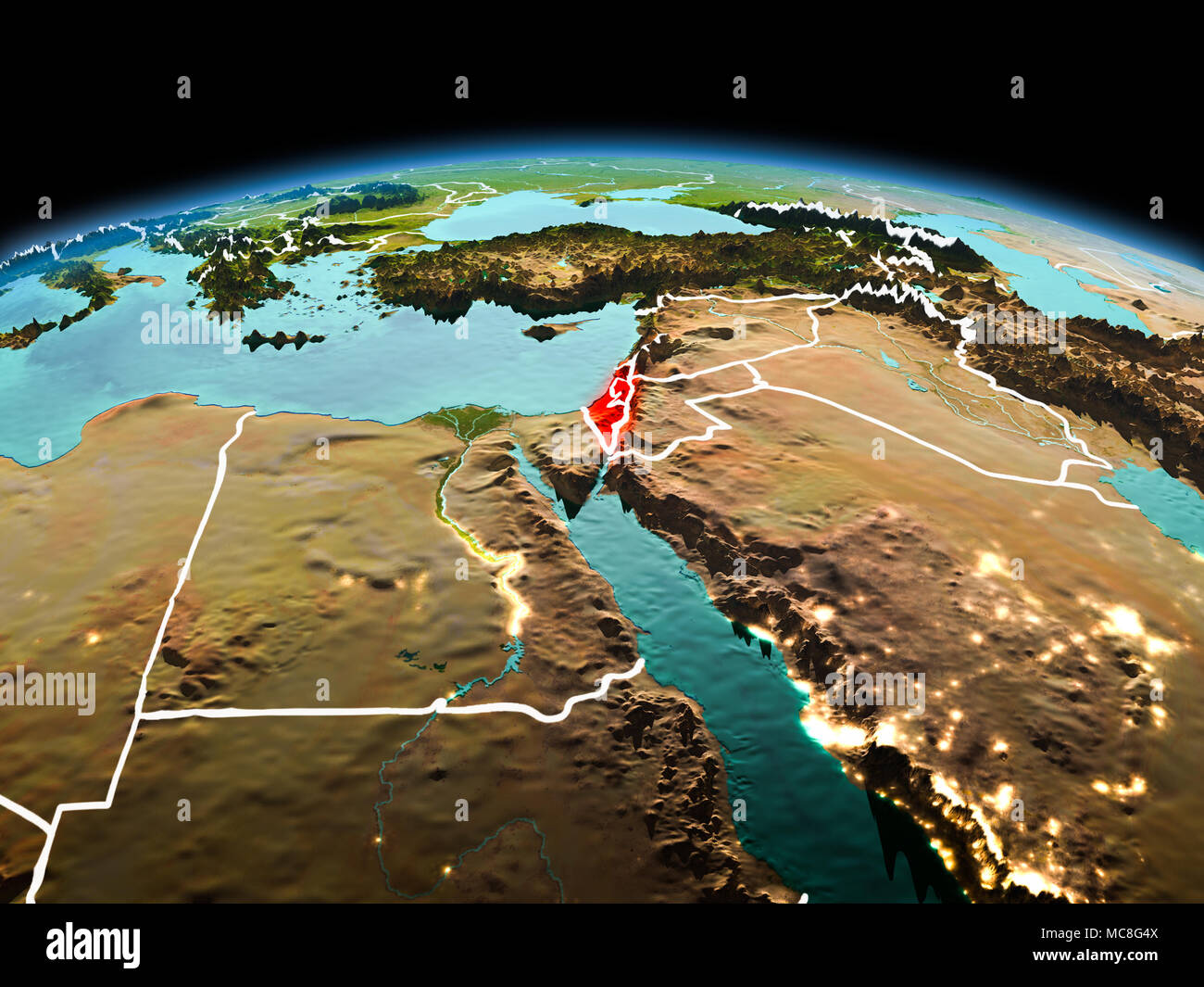 Morning above Israel highlighted in red on model of planet Earth in ...