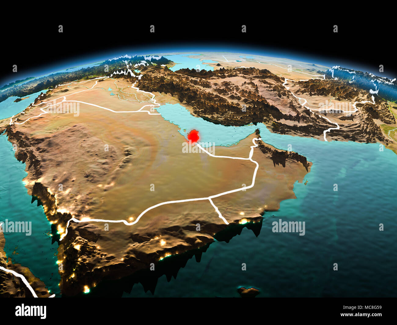 Morning above Qatar highlighted in red on model of planet Earth in ...