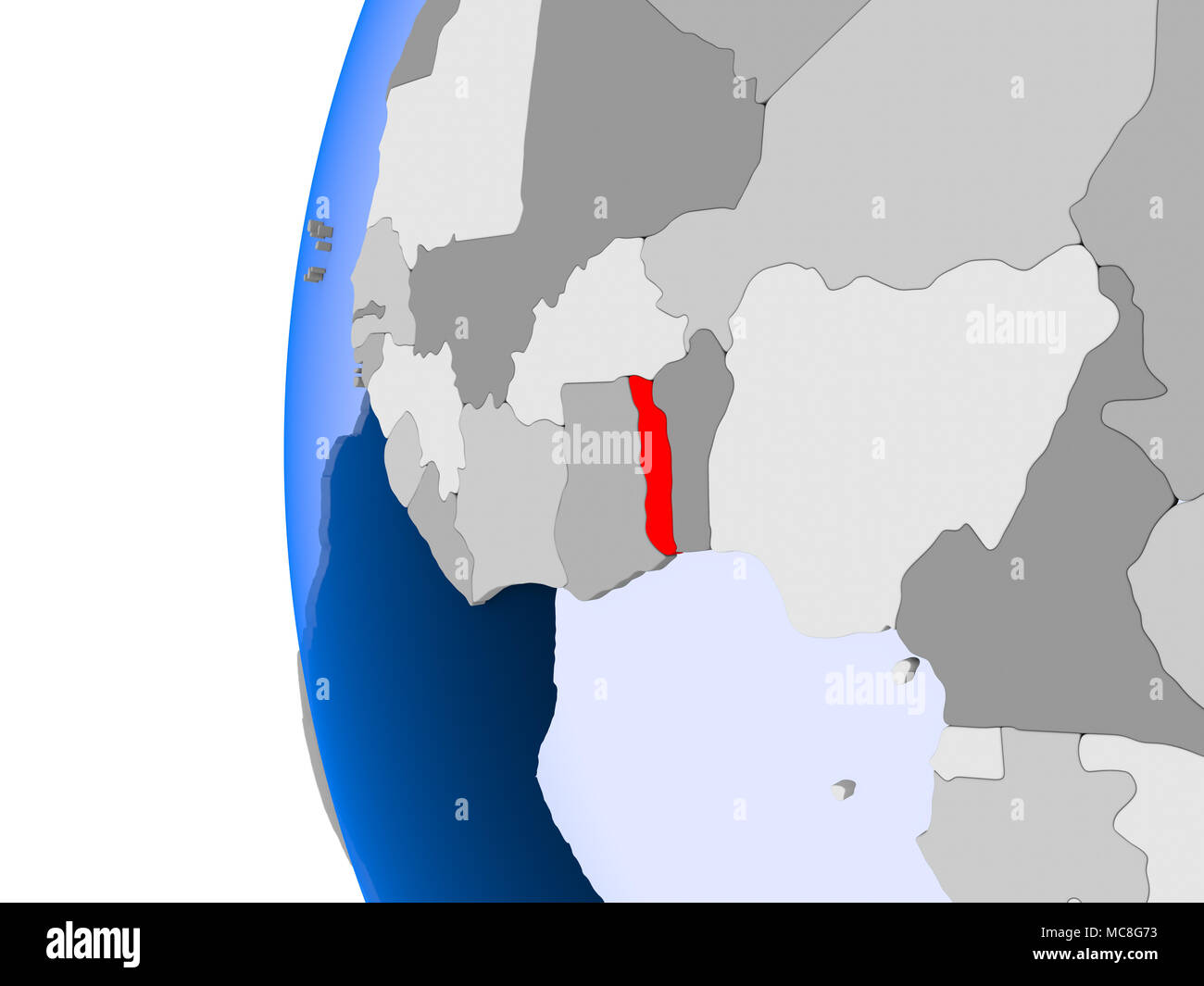 Togo in red on political globe with transparent oceans. 3D illustration ...