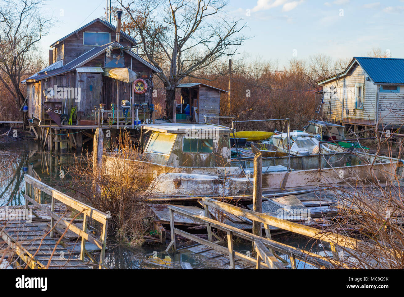 Cabin on wooden pilings at Finn Slough, a backwater of the Fraser River ...