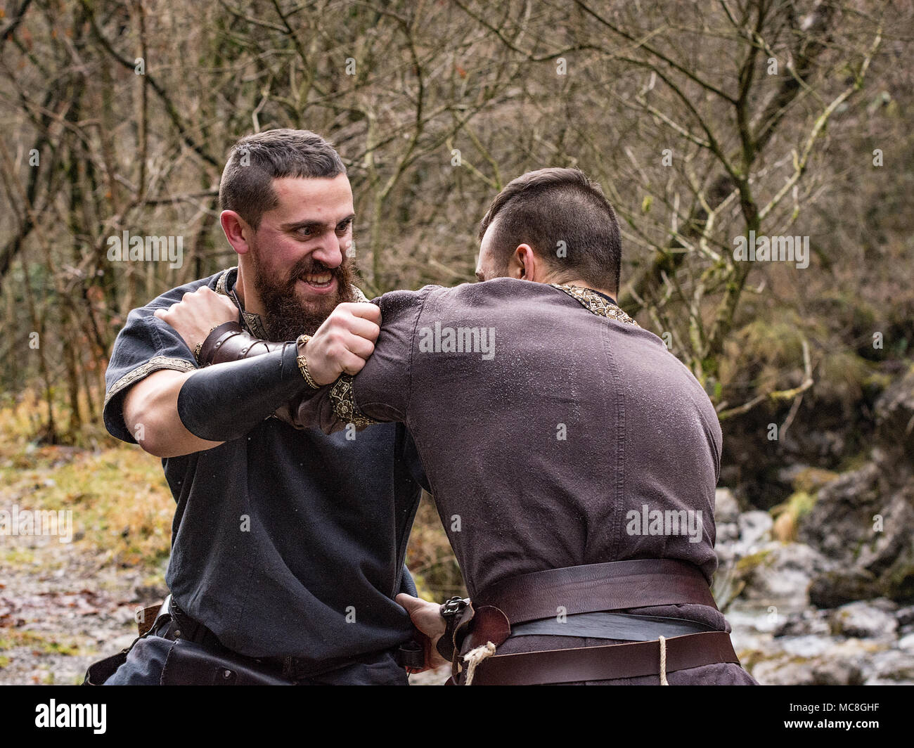 two Viking warriors fight with bare hands in the forest Stock Photo - Alamy