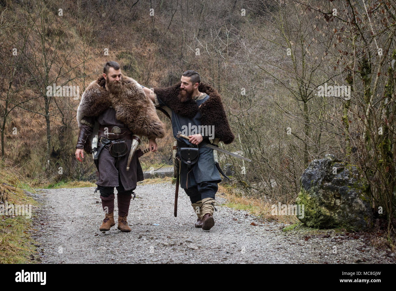 two Viking warriors walk on an ancient forest path Stock Photo - Alamy