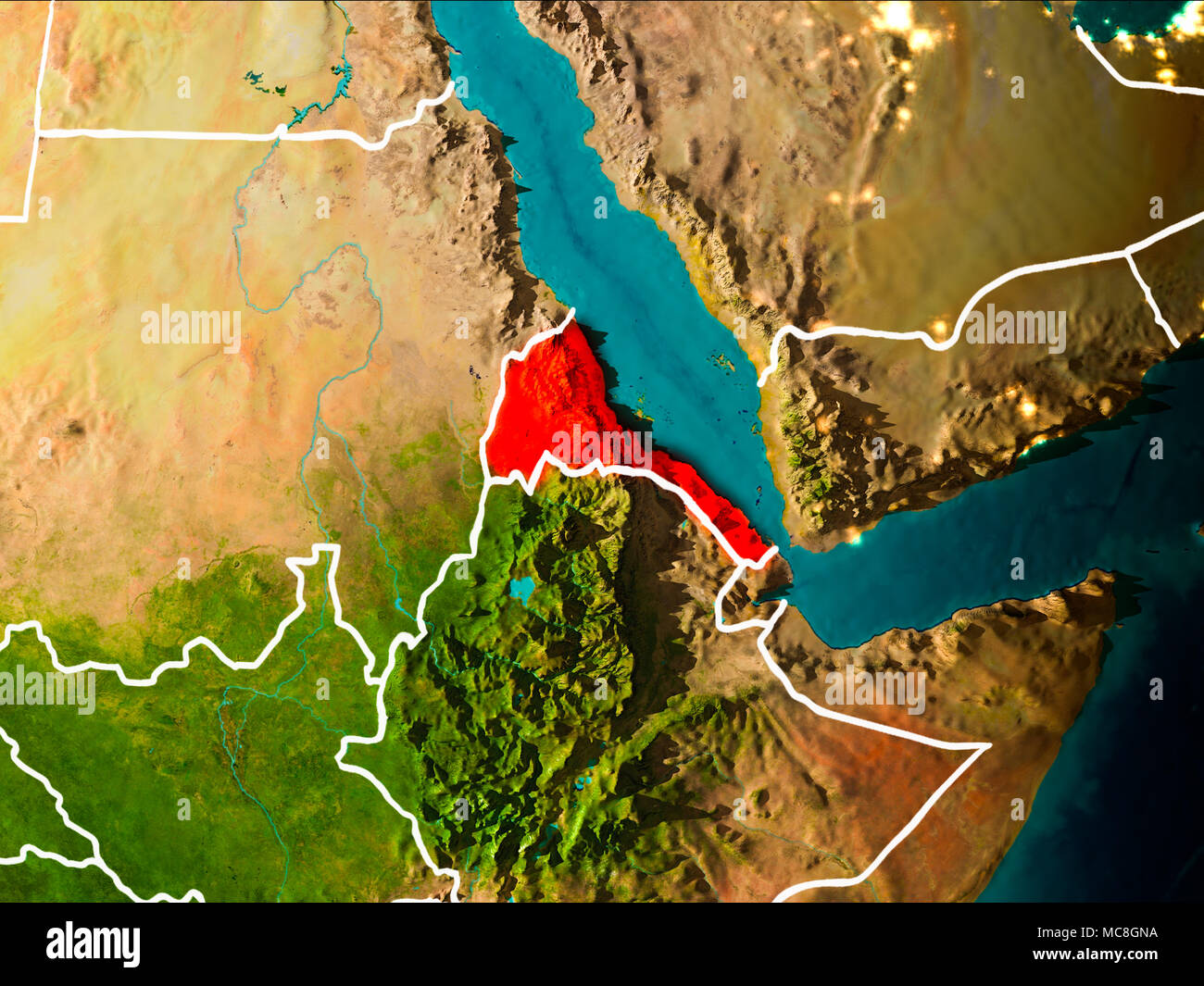 Eritrea in the morning highlighted in red on planet Earth with visible ...