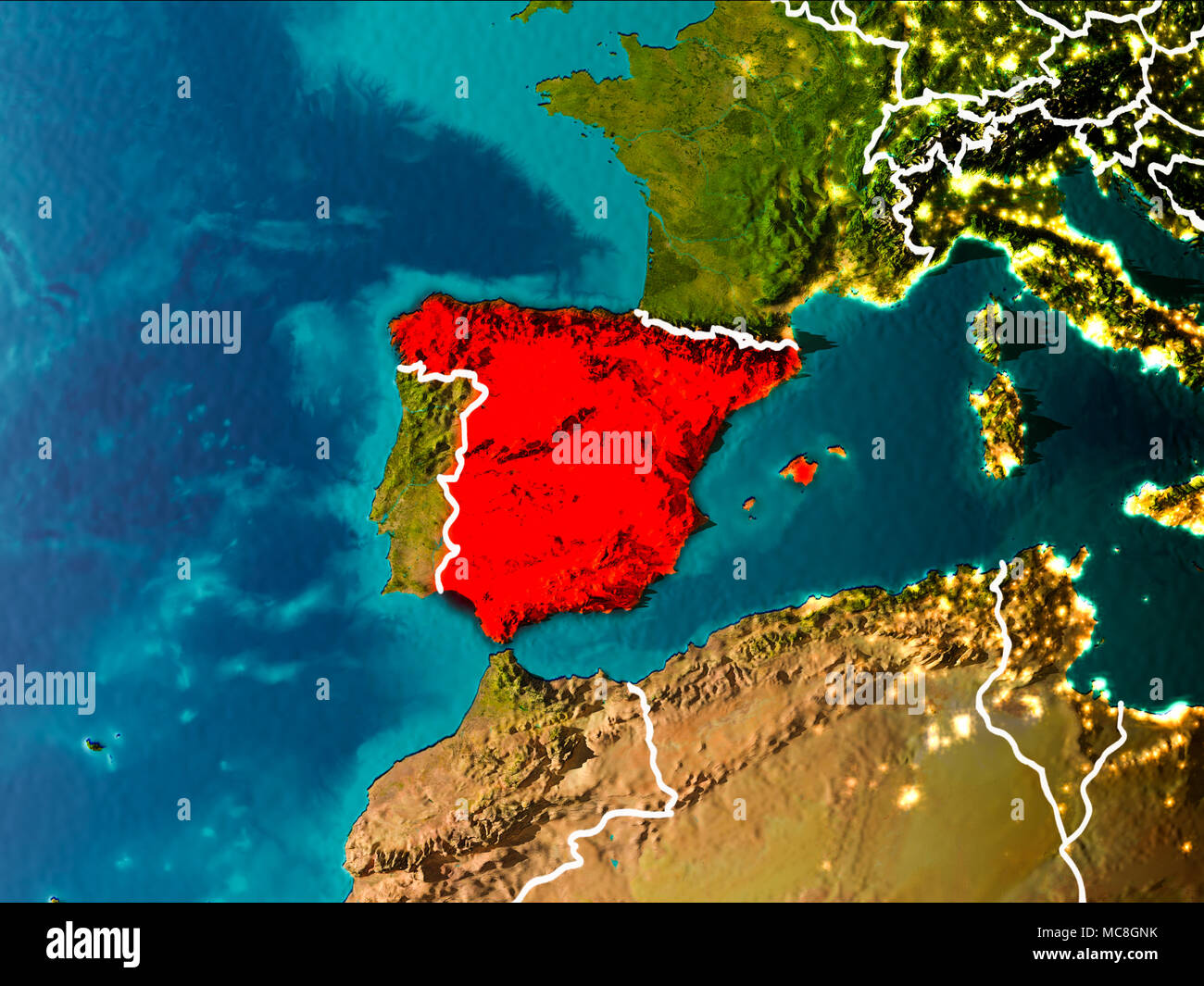 Spain in the morning highlighted in red on planet Earth with visible ...
