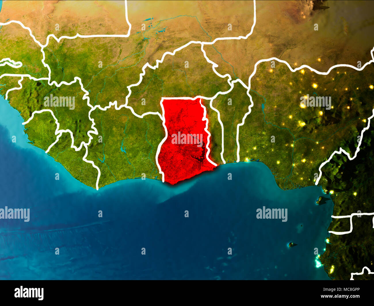 Ghana in the morning highlighted in red on planet Earth with visible ...
