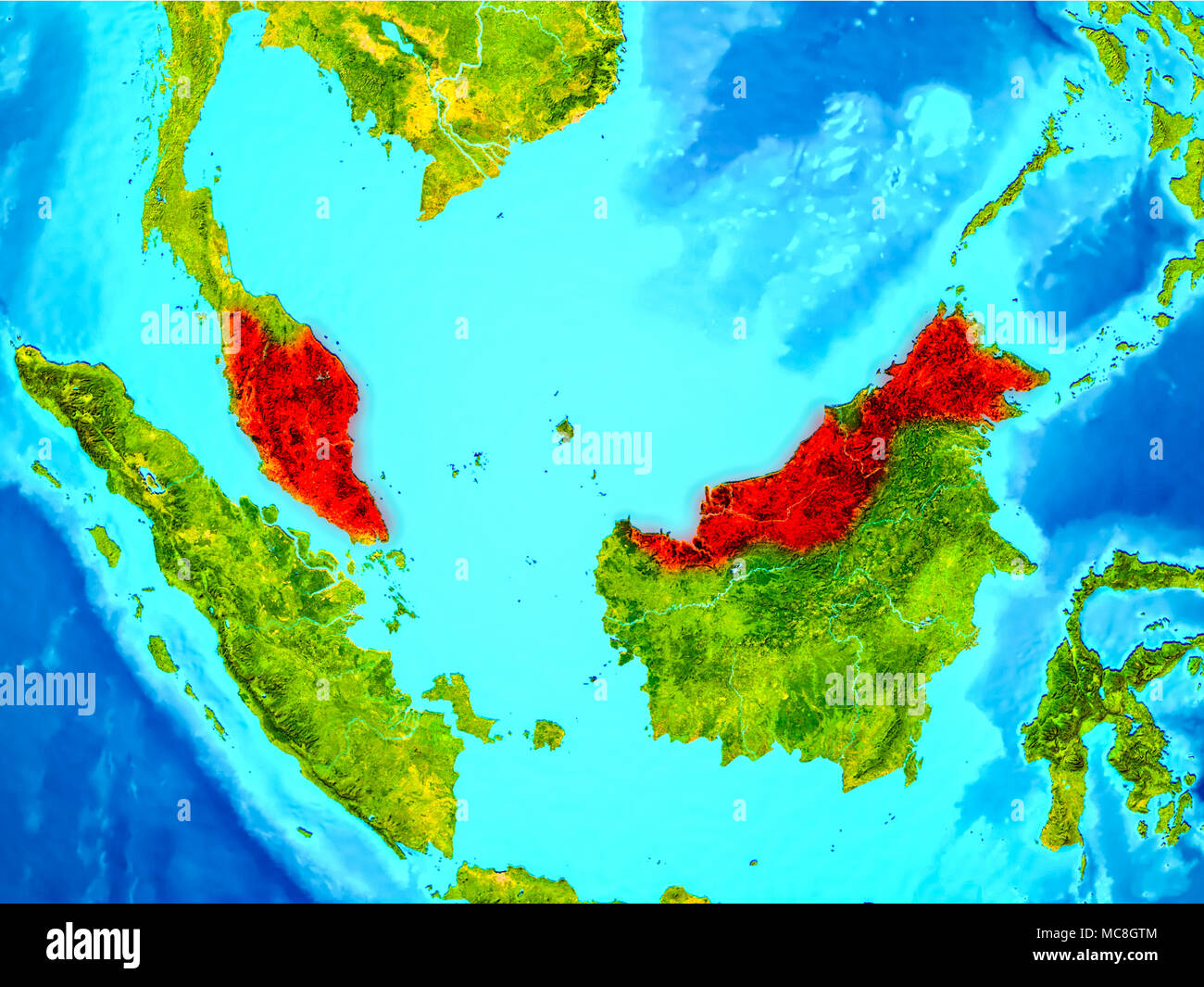 Malaysia highlighted in red on planet Earth. 3D illustration. Elements ...
