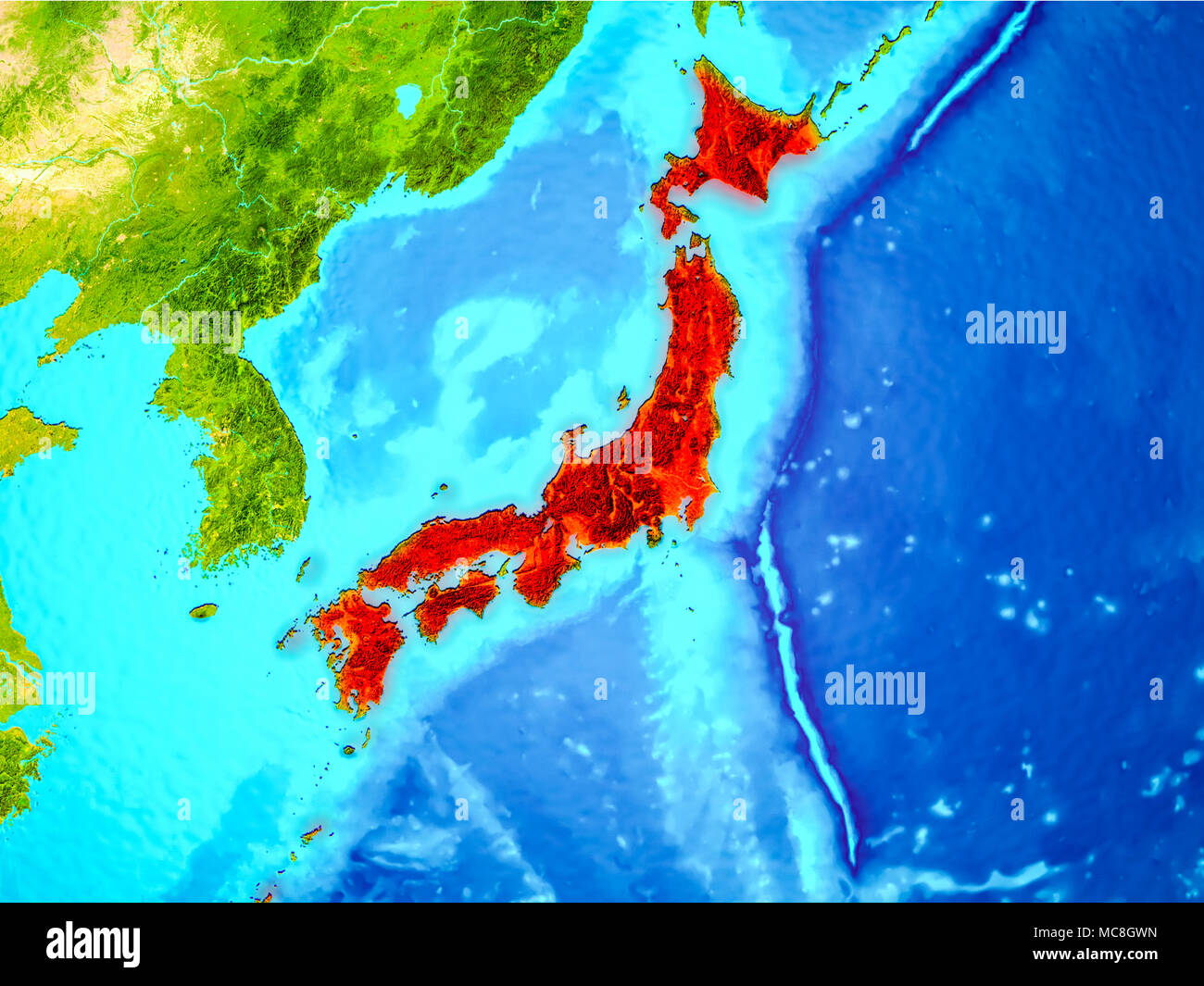 Japan highlighted in red on planet Earth. 3D illustration. Elements of ...