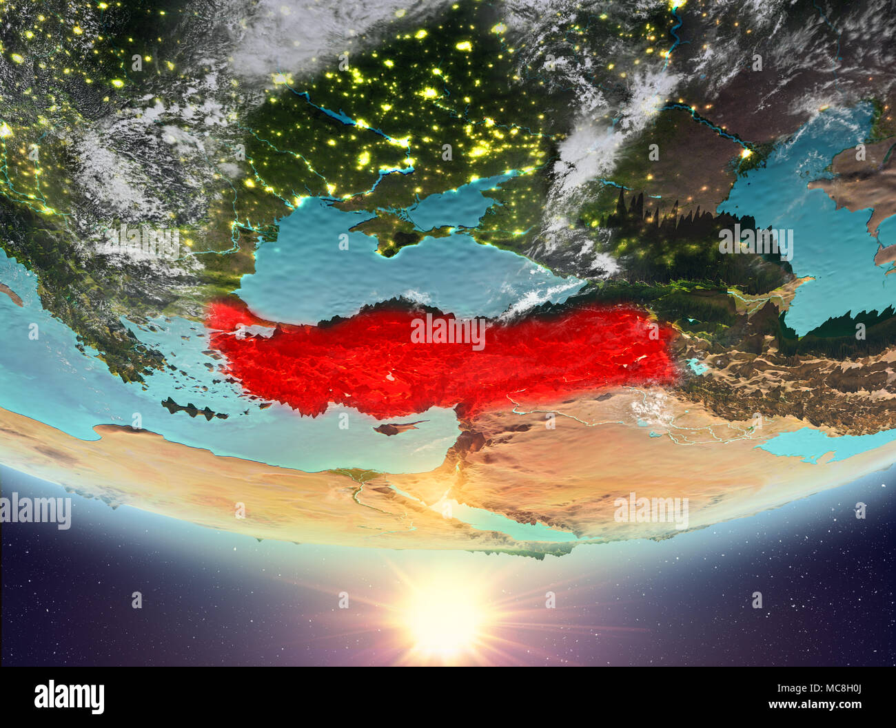 Turkey during sunrise highlighted in red on planet Earth with clouds ...