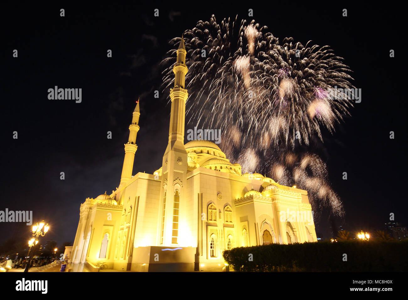A celebration of the ramadan fireworks at a mosque in sharjah UAE Stock ...