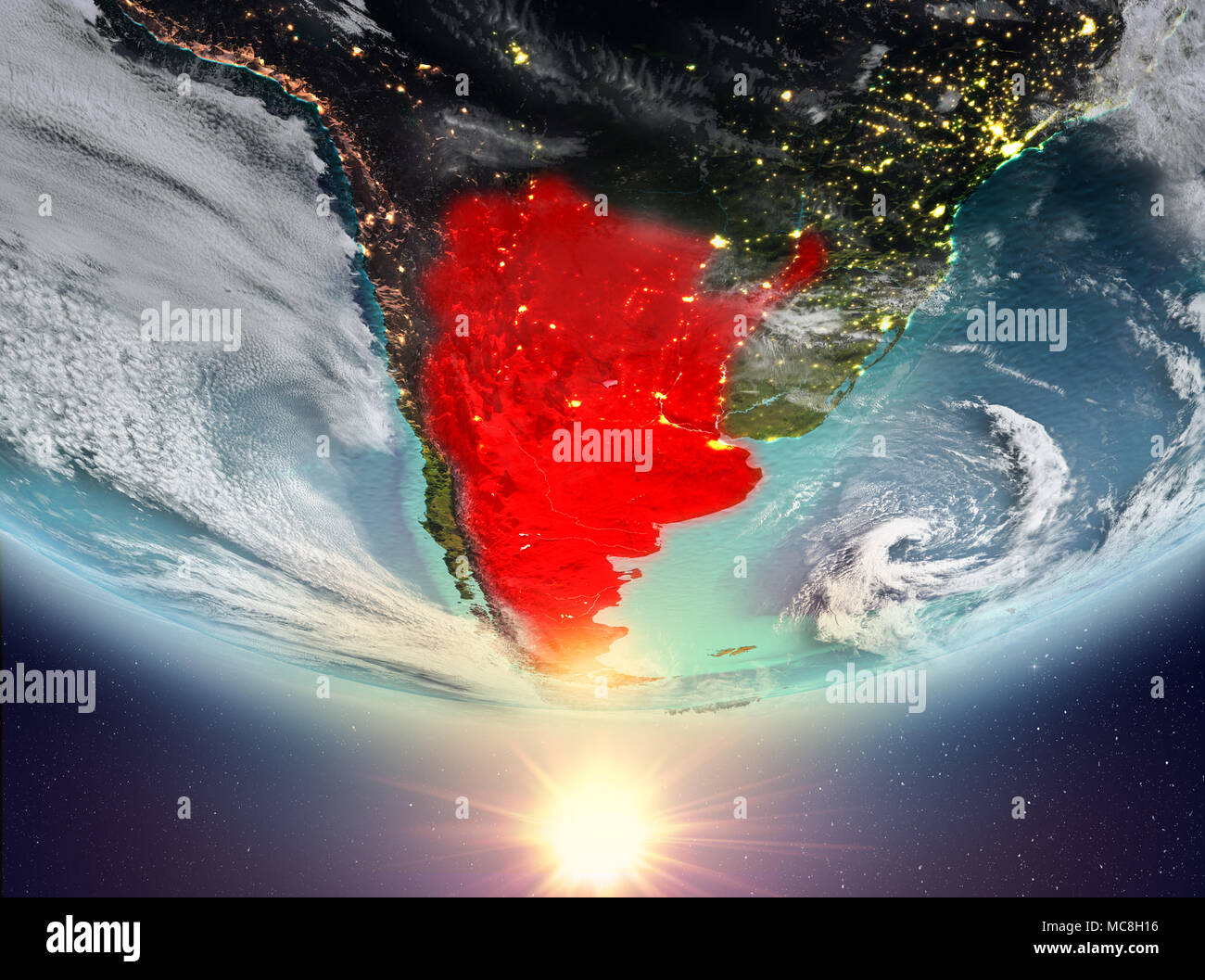 Argentina during sunrise highlighted in red on planet Earth with clouds ...