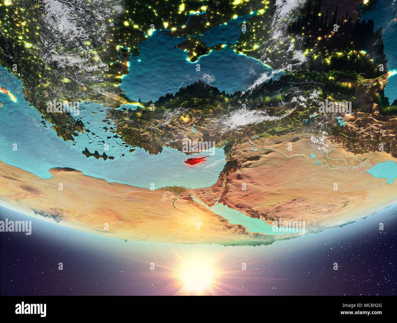 Cyprus during sunrise highlighted in red on planet Earth with clouds ...