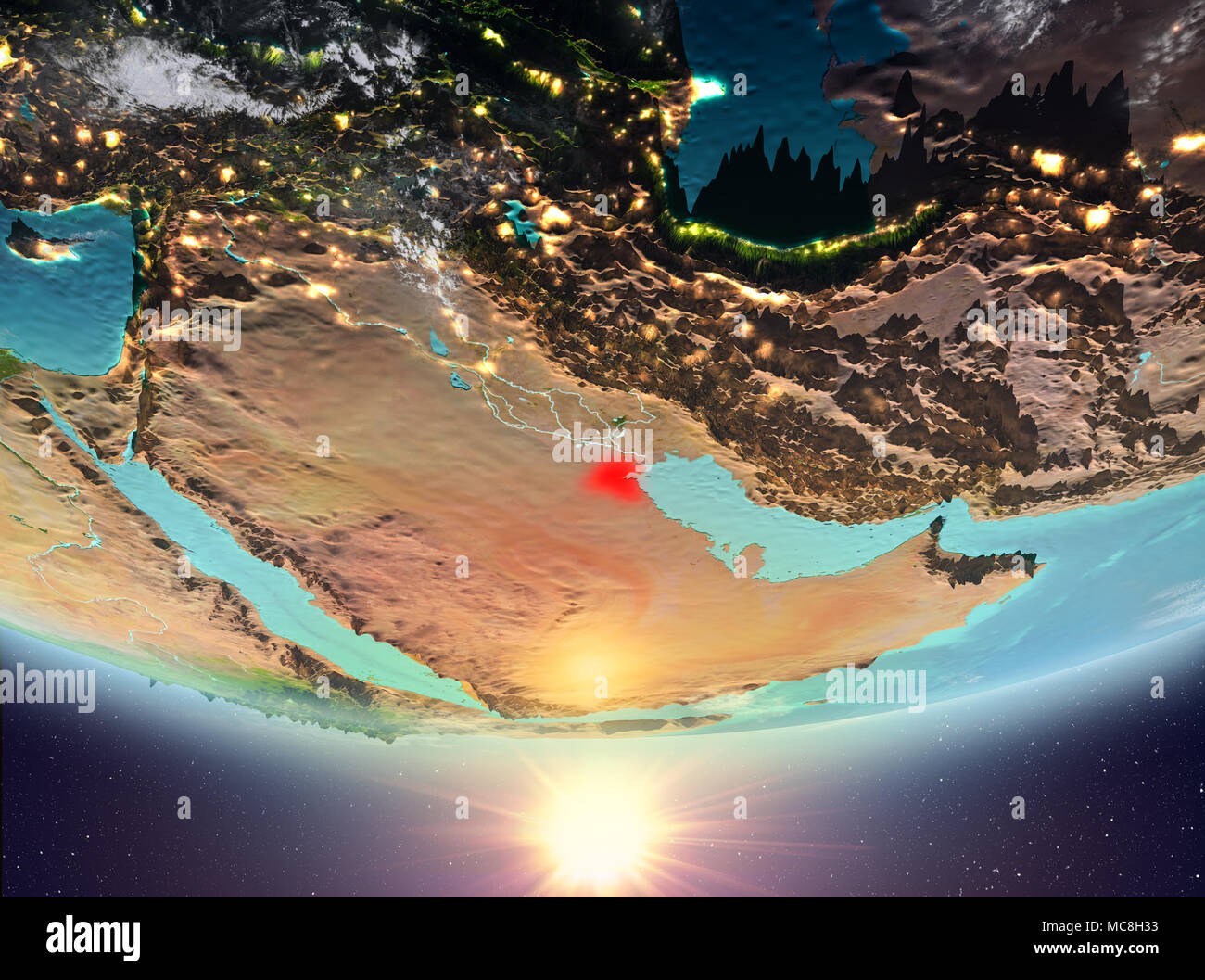 Kuwait during sunrise highlighted in red on planet Earth with clouds ...