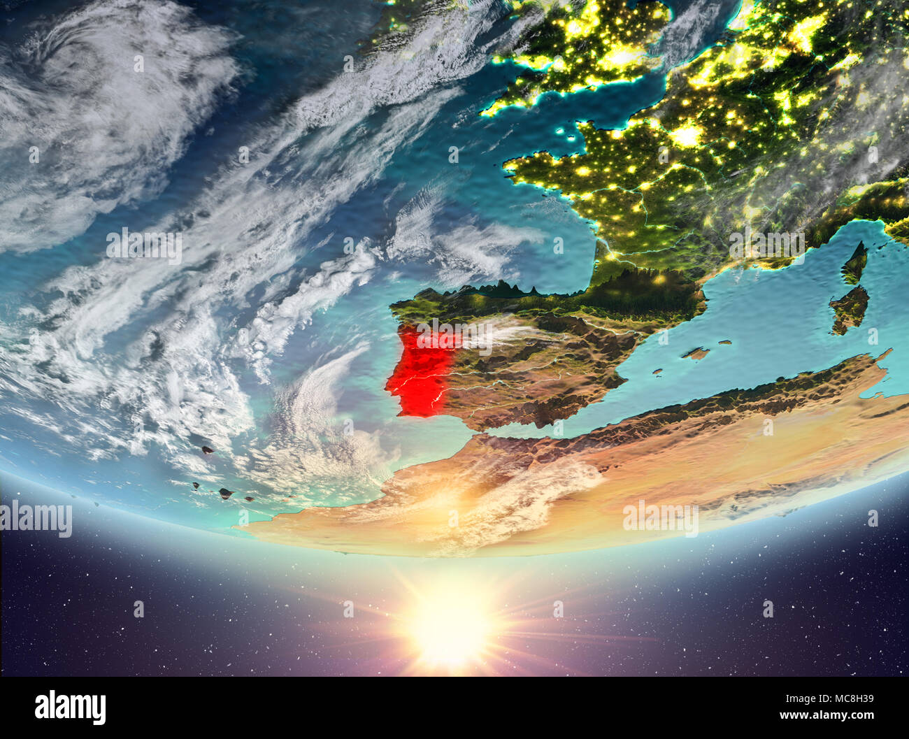 Portugal during sunrise highlighted in red on planet Earth with clouds ...
