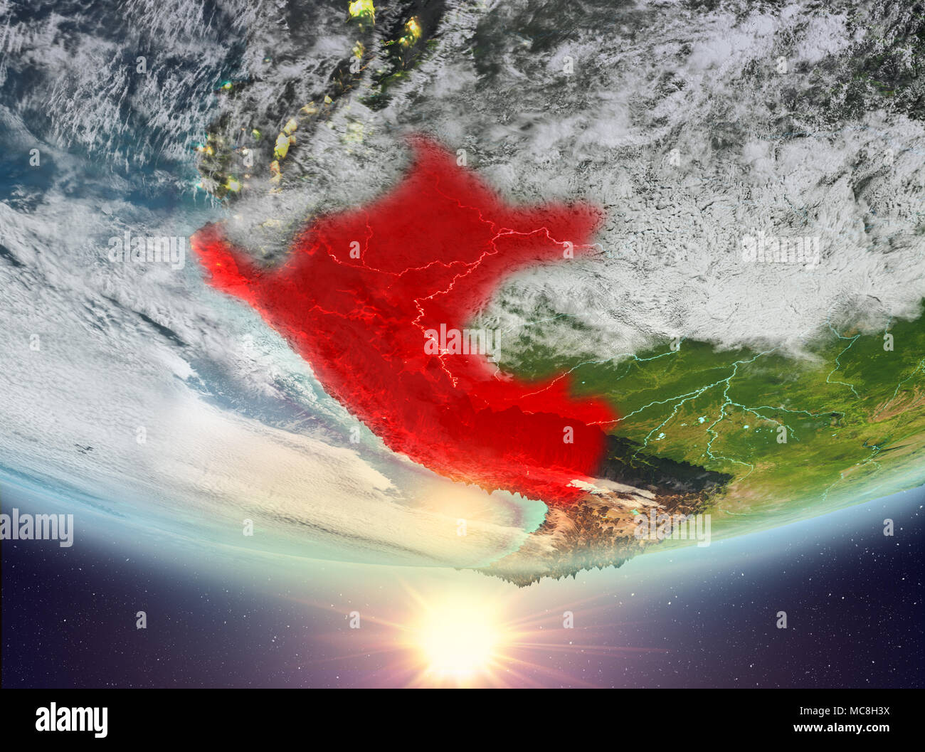 Peru during sunrise highlighted in red on planet Earth with clouds. 3D ...