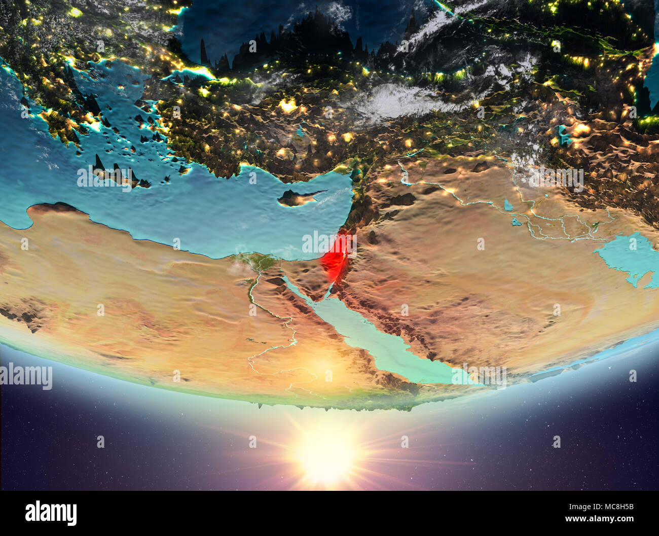 Israel during sunrise highlighted in red on planet Earth with clouds ...