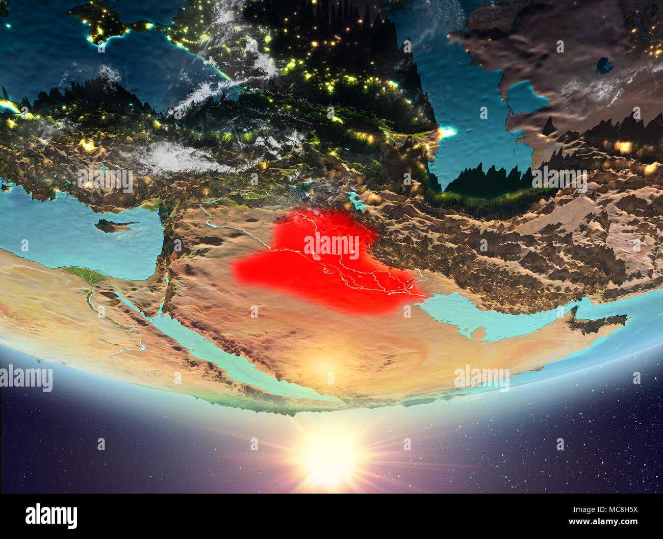 Iraq during sunrise highlighted in red on planet Earth with clouds. 3D ...
