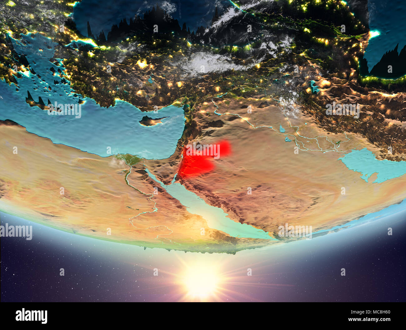 Jordan during sunrise highlighted in red on planet Earth with clouds ...