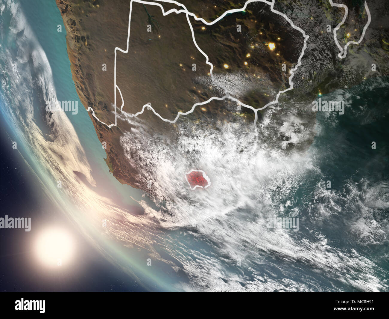 Illustration of Lesotho as seen from Earth’s orbit during sunset with ...