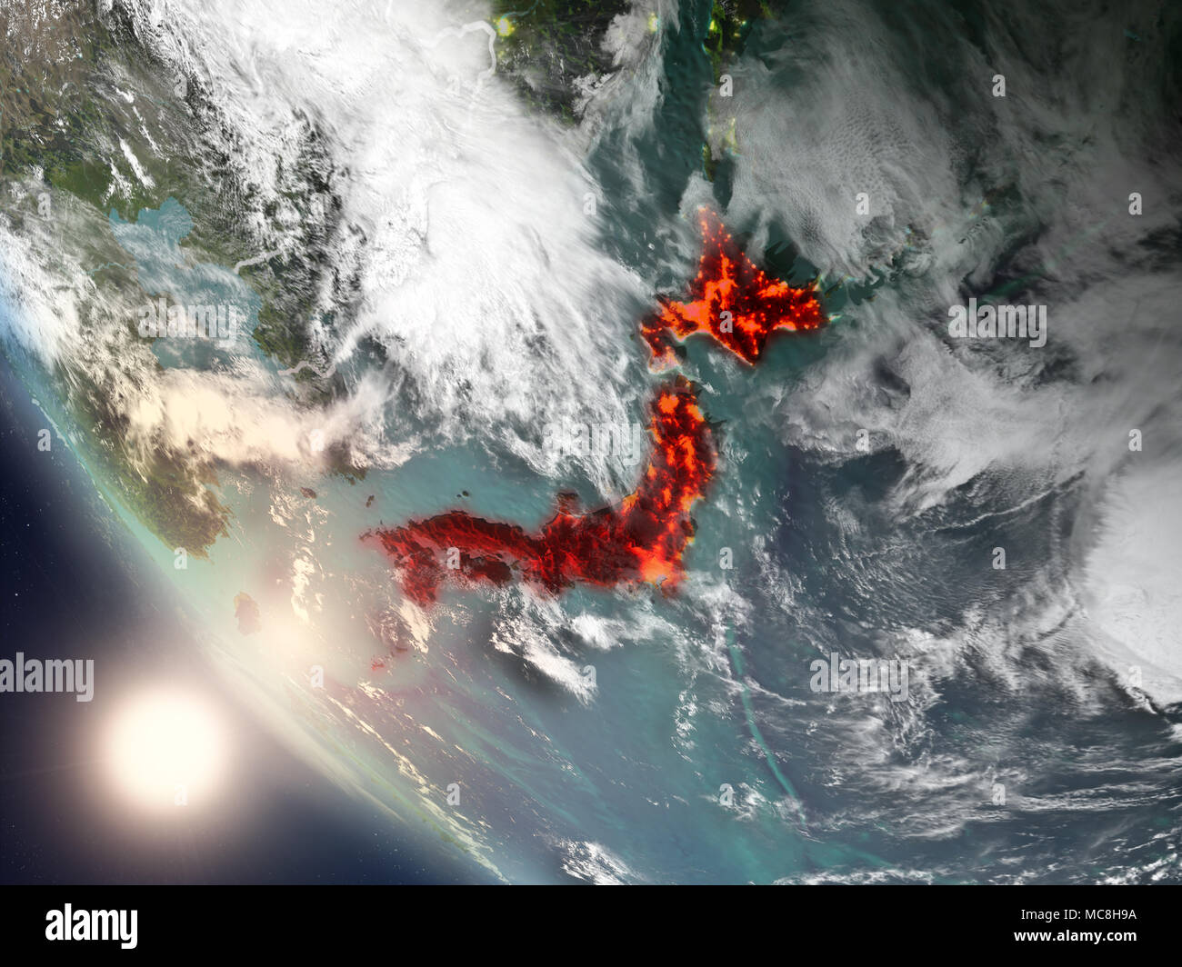 Illustration of Japan as seen from Earth’s orbit during sunset with ...