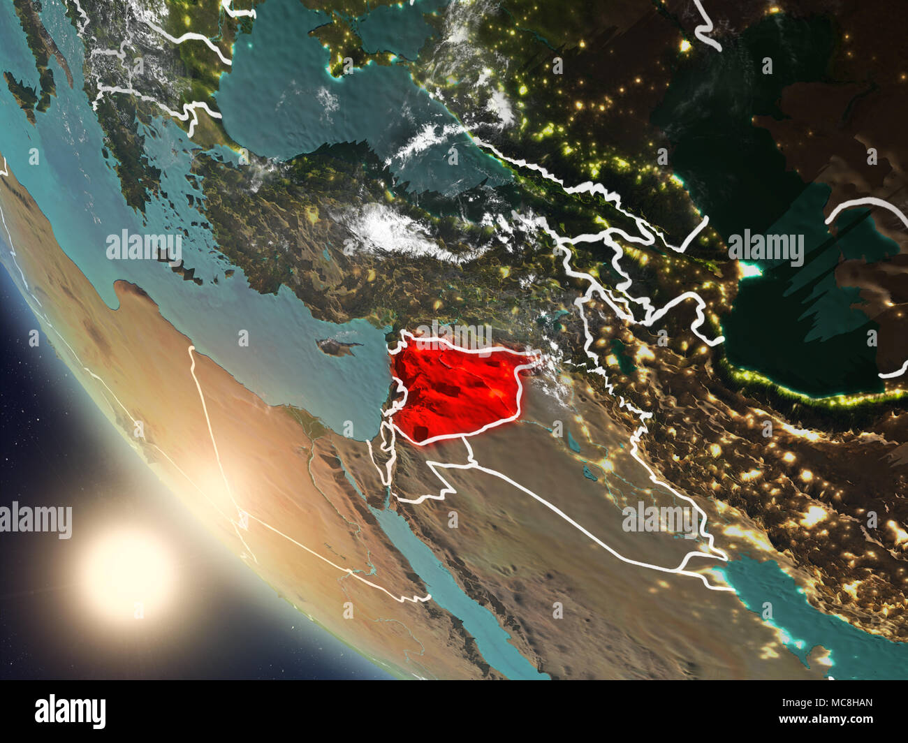 Illustration of Syria as seen from Earth’s orbit during sunset with ...