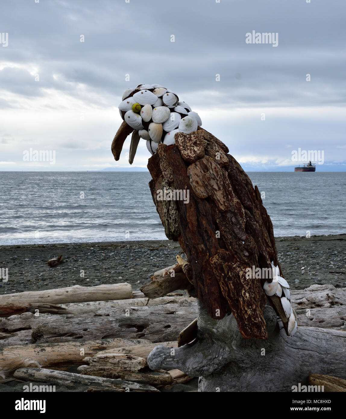 Beach art made from driftwood and shells at Esquimalt Lagoon, Victoria ...