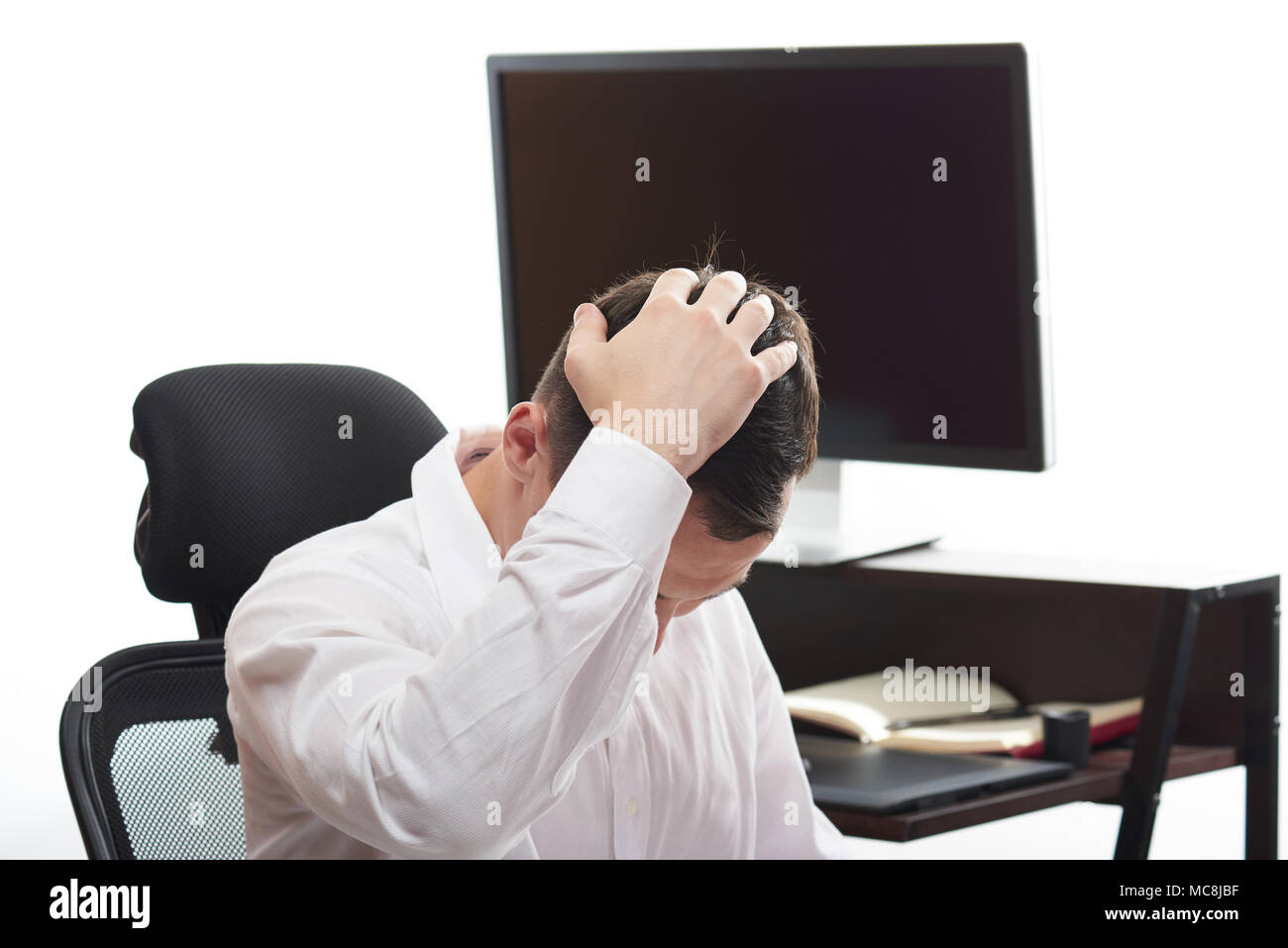 Upset business man in office background. Upset person sit in office ...