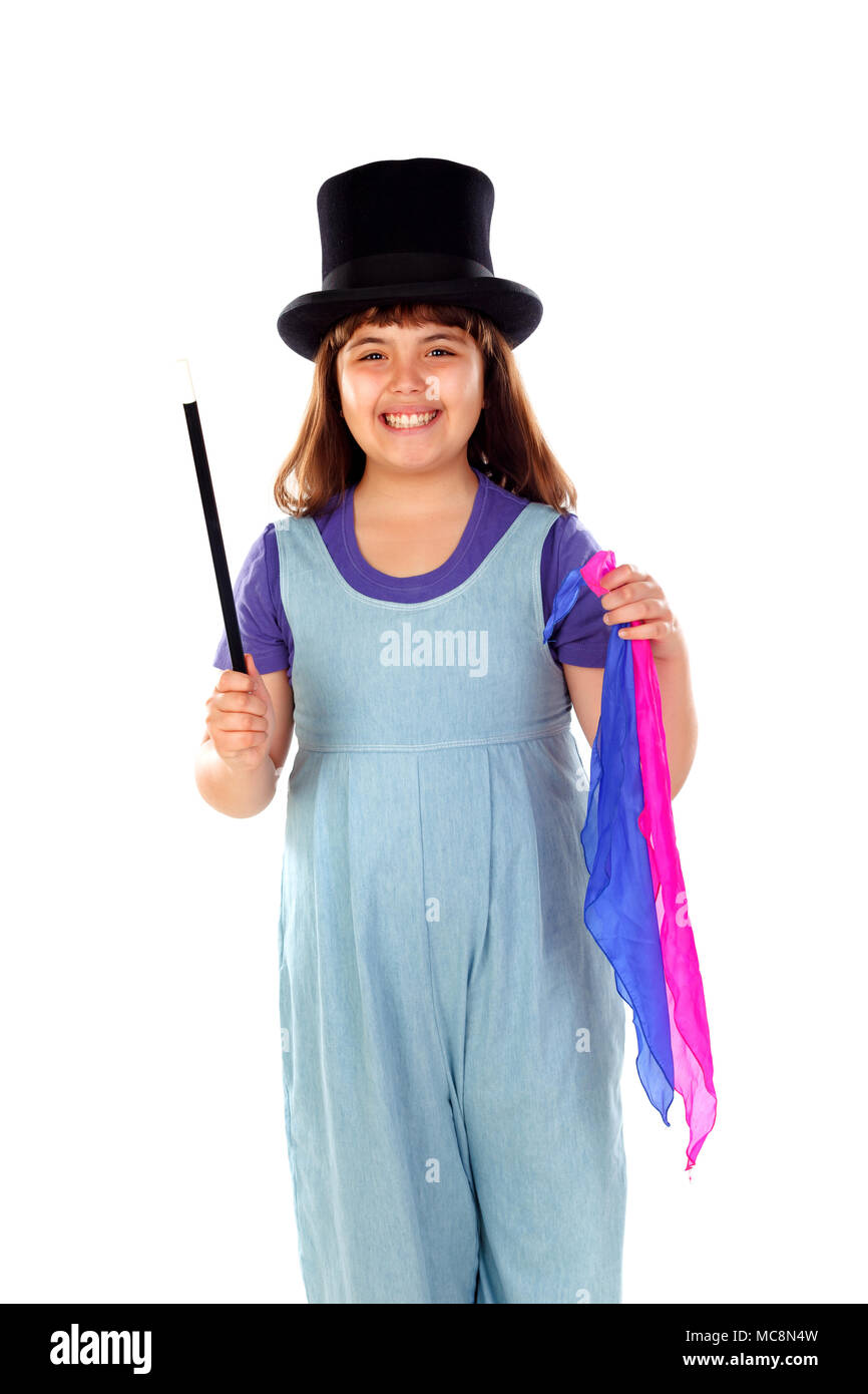 Pretty little girl doing magic with a top hat and a magic wand isolated ...