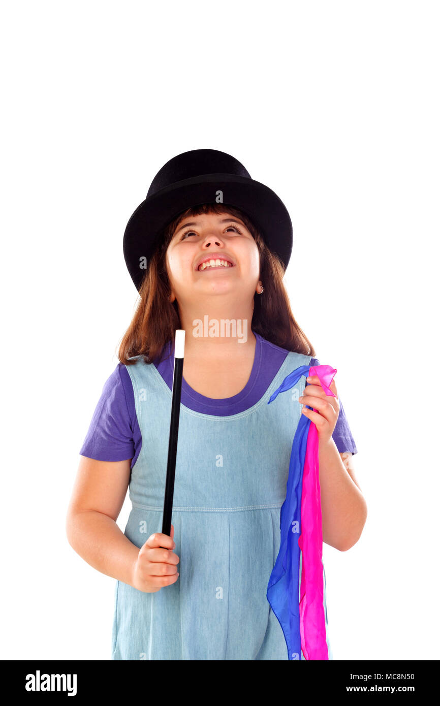 Pretty little girl doing magic with a top hat and a magic wand isolated ...